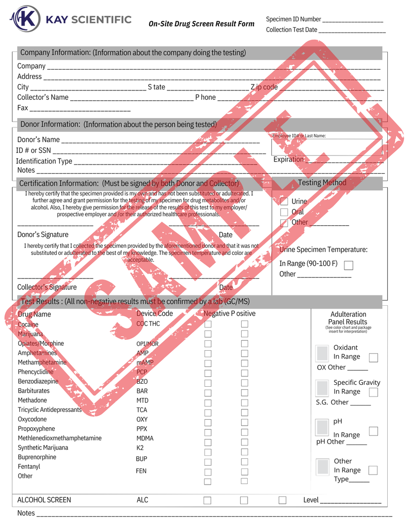 Result Forms for Recording Preliminary Drug Test Results – Kay Scientific